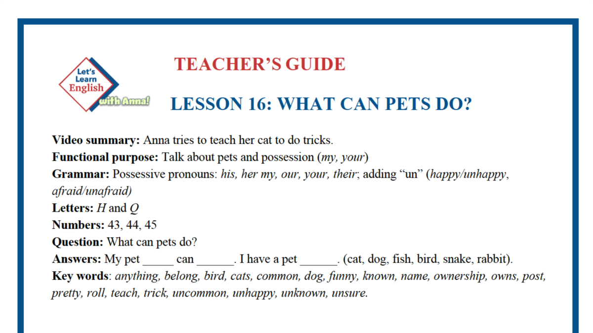 LLE-A Lesson 16: What Can Pets Do?
