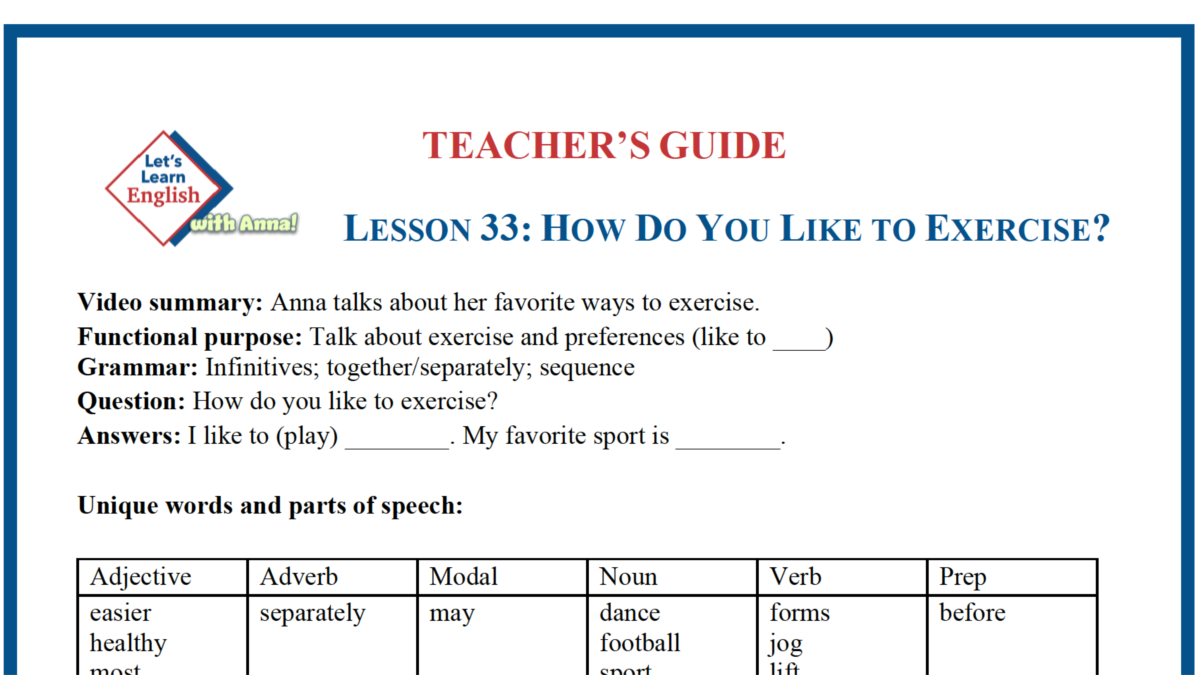 LLE-A Lesson 33: How Do You Like to Exercise?