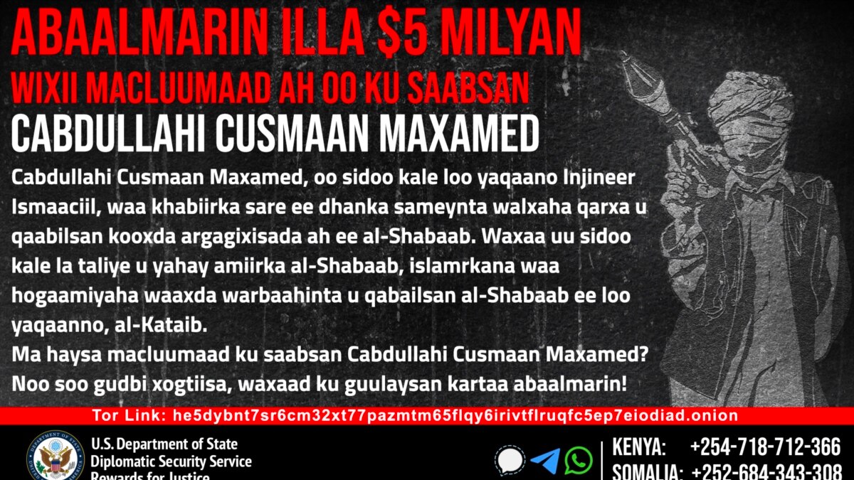 Mareykanka oo $5 milyan dul dhigay madaxa C/llaahi Cusmaan oo ka tirsan ...