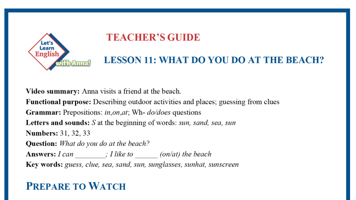 LLE-A Lesson 11: What Do You Do at the Beach?