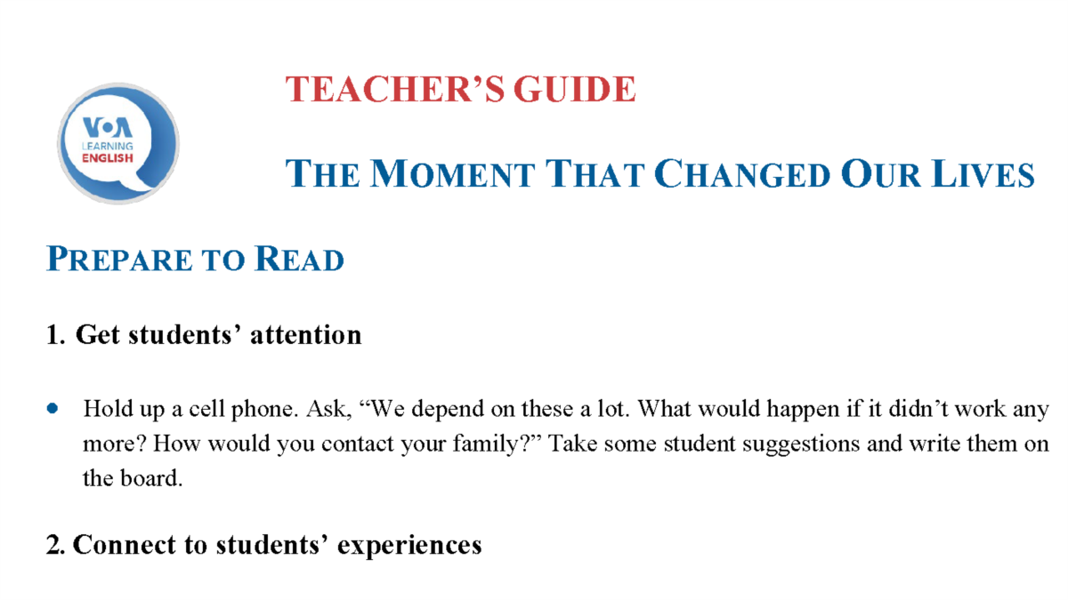 The Moment that Changed Our Lives - Lesson Plan