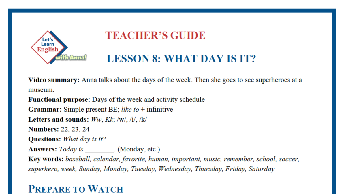LLE-A Lesson 8: What Day Is It?
