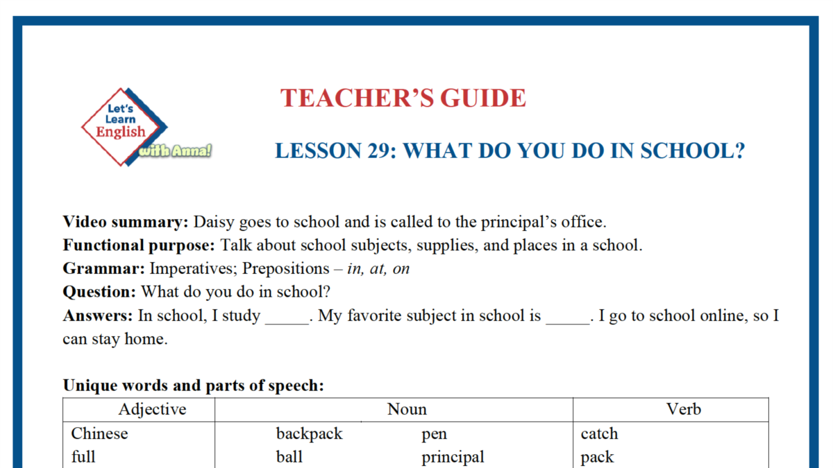 LLE-A Lesson 29: What Do You Do in School?