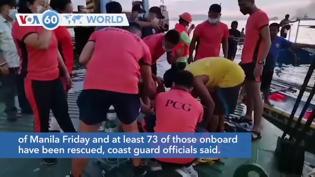 VOA60 World - A Philippine ferry boat carrying 82 caught fire ...