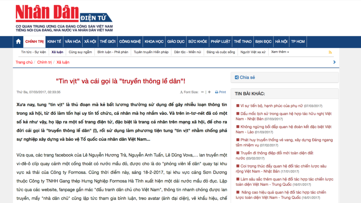 Báo Nhân Dân: Blogger tung tin vịt; VOA, BBC, RFA tung hứng