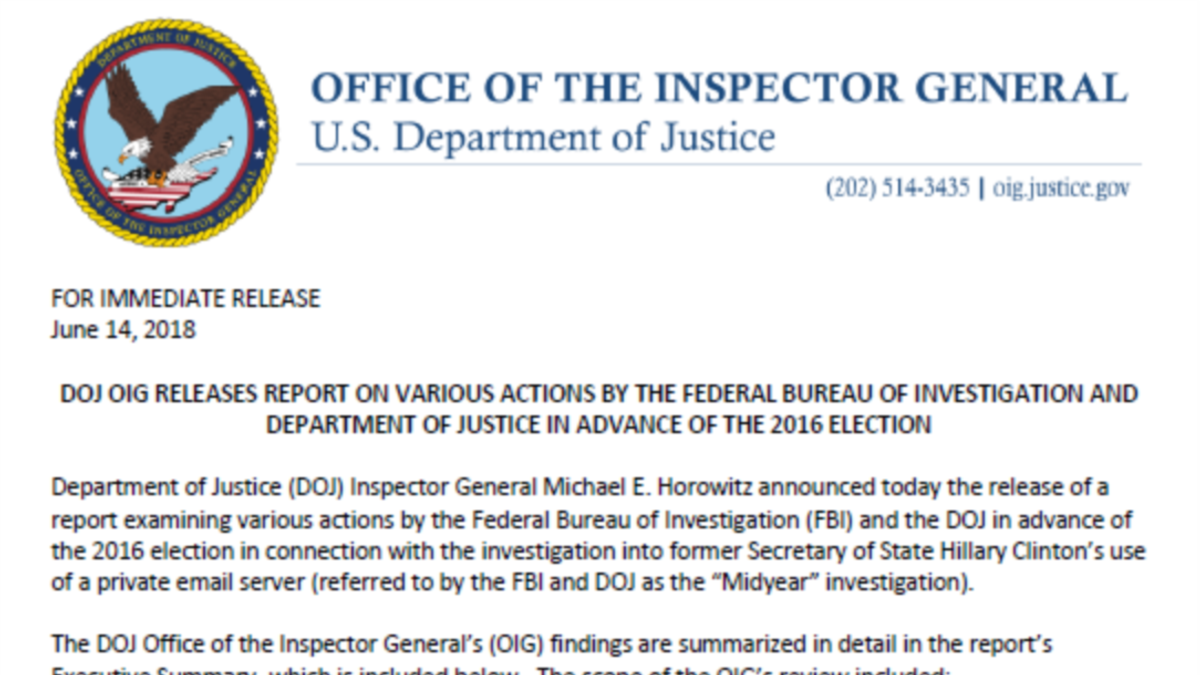 DOJ IG Report on FBI and Justice in Advance of 2016 Election