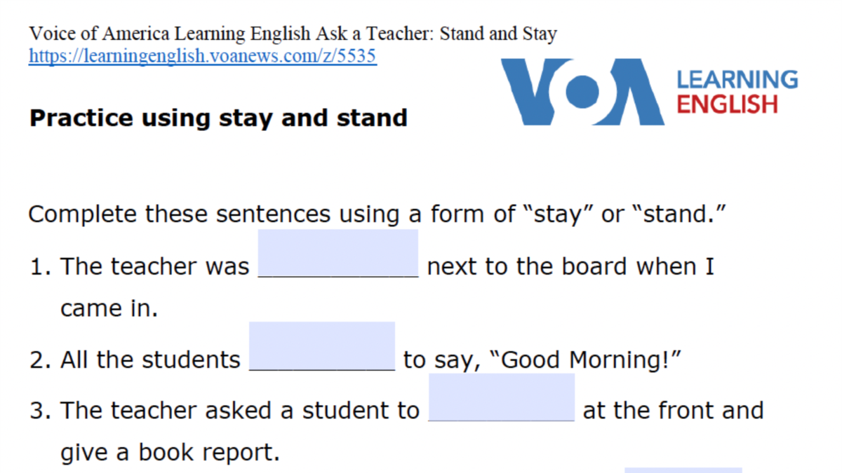 Practice Worksheet for Stand and Stay